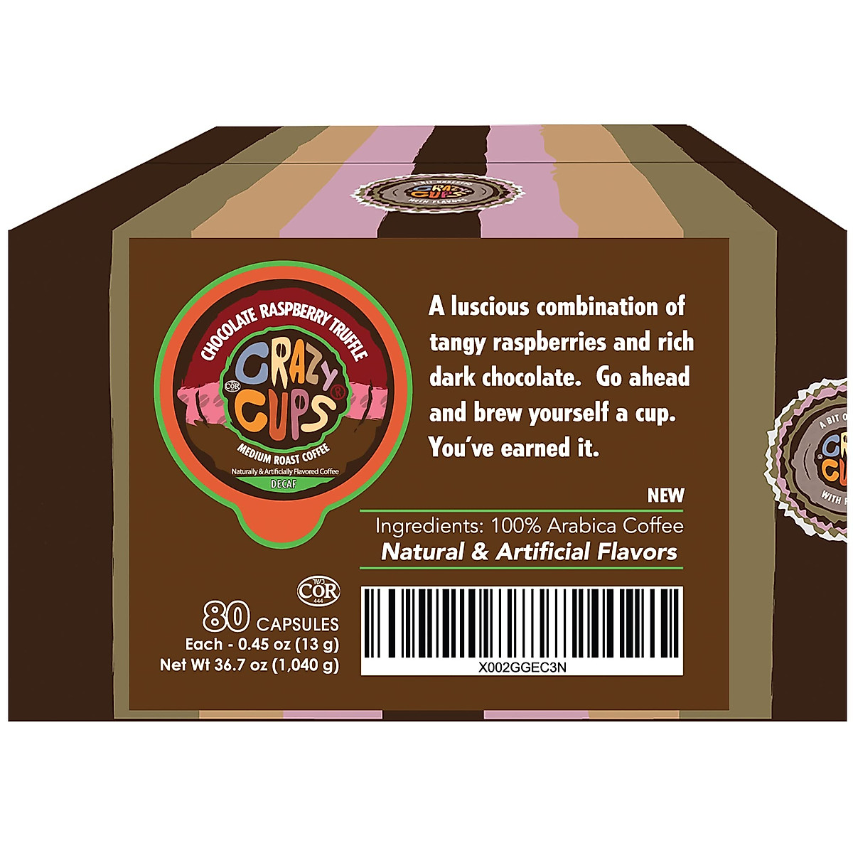 Crazy Cups Flavored Coffee for Keurig K-Cup Machines, Decaf Chocolate Raspberry Truffle, Hot or Iced Coffee, 80 Single Serve, Recyclable Pods