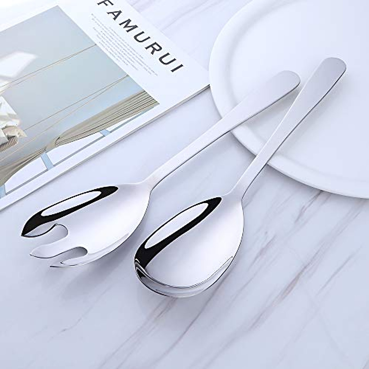 Mingcheng 12 Inches Stainless Steel Salad Server Sets with Salad Spoon and Fork, Cooking Utensils for Kitchen, Simple and Classic Dishwasher Safe(Silver)