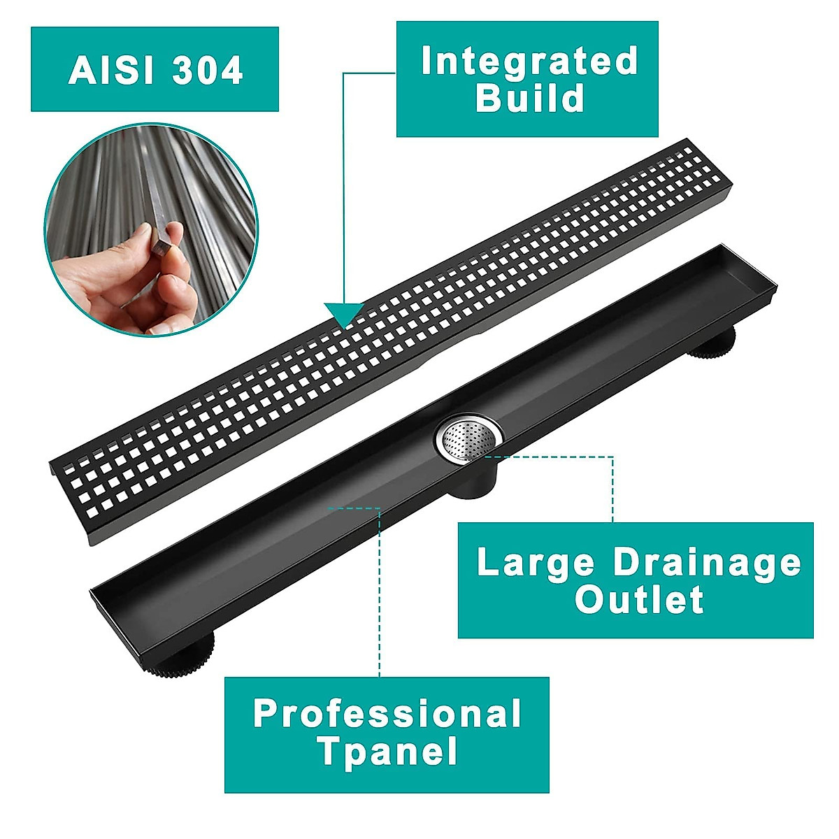 BARONAGE Linear Shower Drain 24 Inch with Removable Square Hole Pattern Cover Grate, 304 Stainless Steel Black Shower Floor Drain Watermark & CUPC Certified Include Accessories