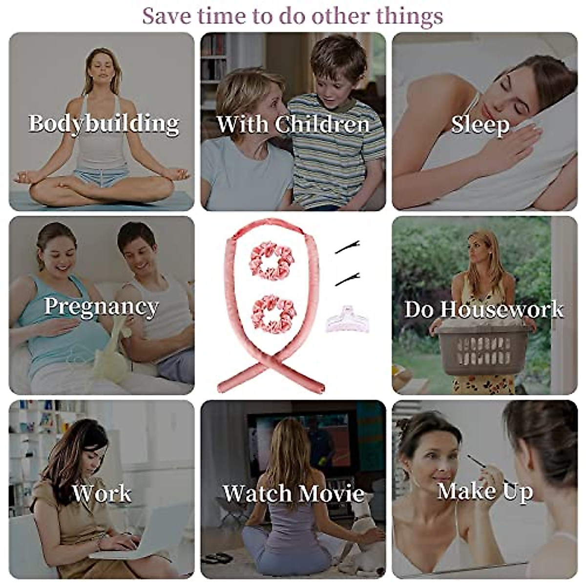 Heatless-Hair-Curler, Upgraded Segmented Design No Heat Silk Curls Headband for More Comfortable Sleep Overnight, Silk Curling Ribbon for Hair with Rubber Bands and Clips (Pink)