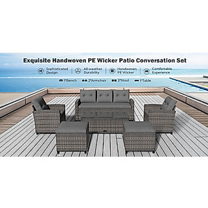 Clihome 6pcs Patio Sofa Set Outdoor PE Rattan Sectional Set with Cushions Lounge Chaise and Coffee Table Wicker Patio Furniture for Patio Backyard Garden Poolside