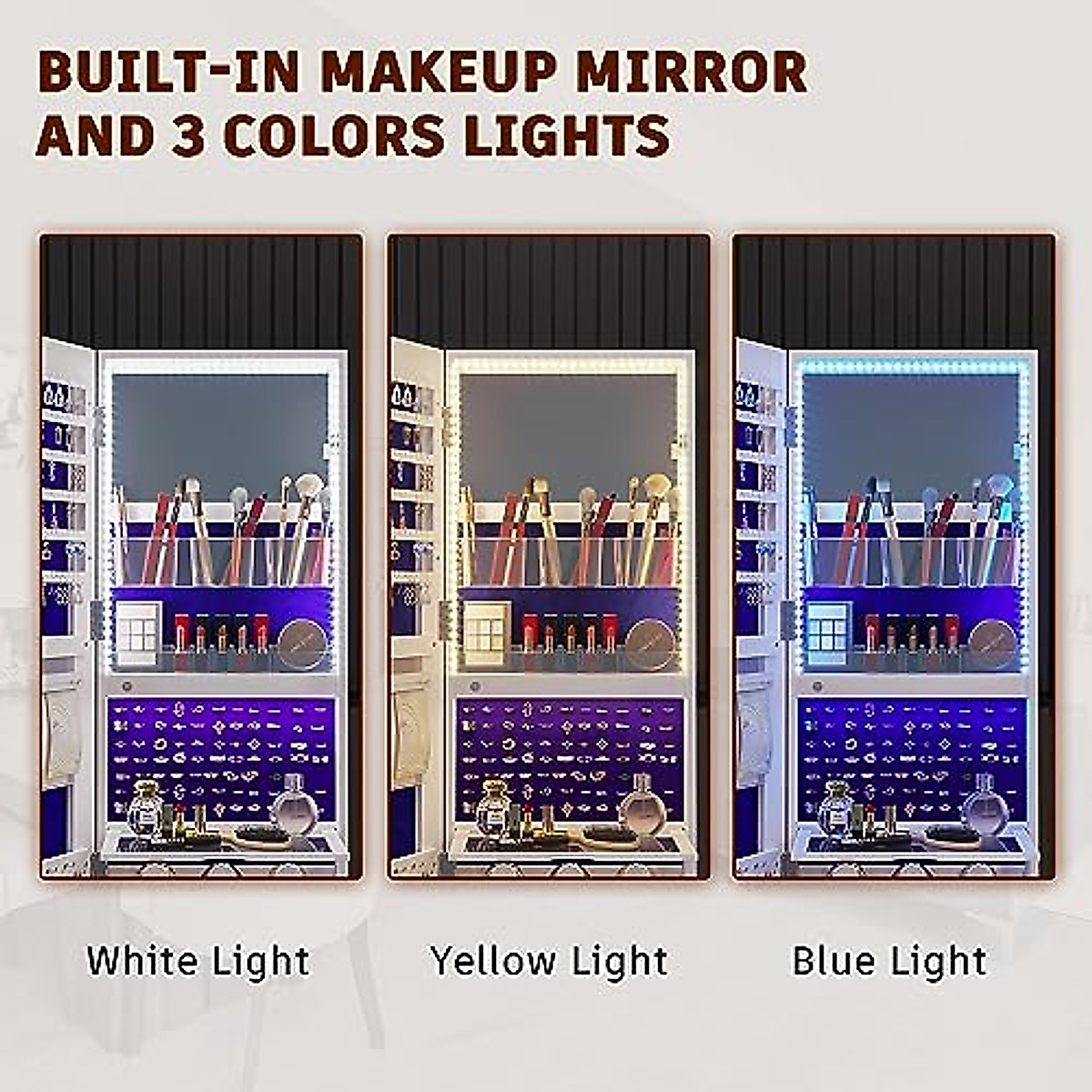 FOMNEY 360° Swivel Jewelry Armoire with Mirror, 63" H Full Length Mirror with LED Lights, Jewelry Cabinet/Organizer with Makeup Shelf for Bedroom (White)