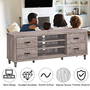 Tangkula Farmhouse TV Stand, Retro Wood Universal Stand for TV's up to 65" Flat Screen, 4 Drawers & 3 Open Shelves with 7 Adjustable Heights, 6 Legs Sturdy Structure, Rustic TV Console Table, Grey