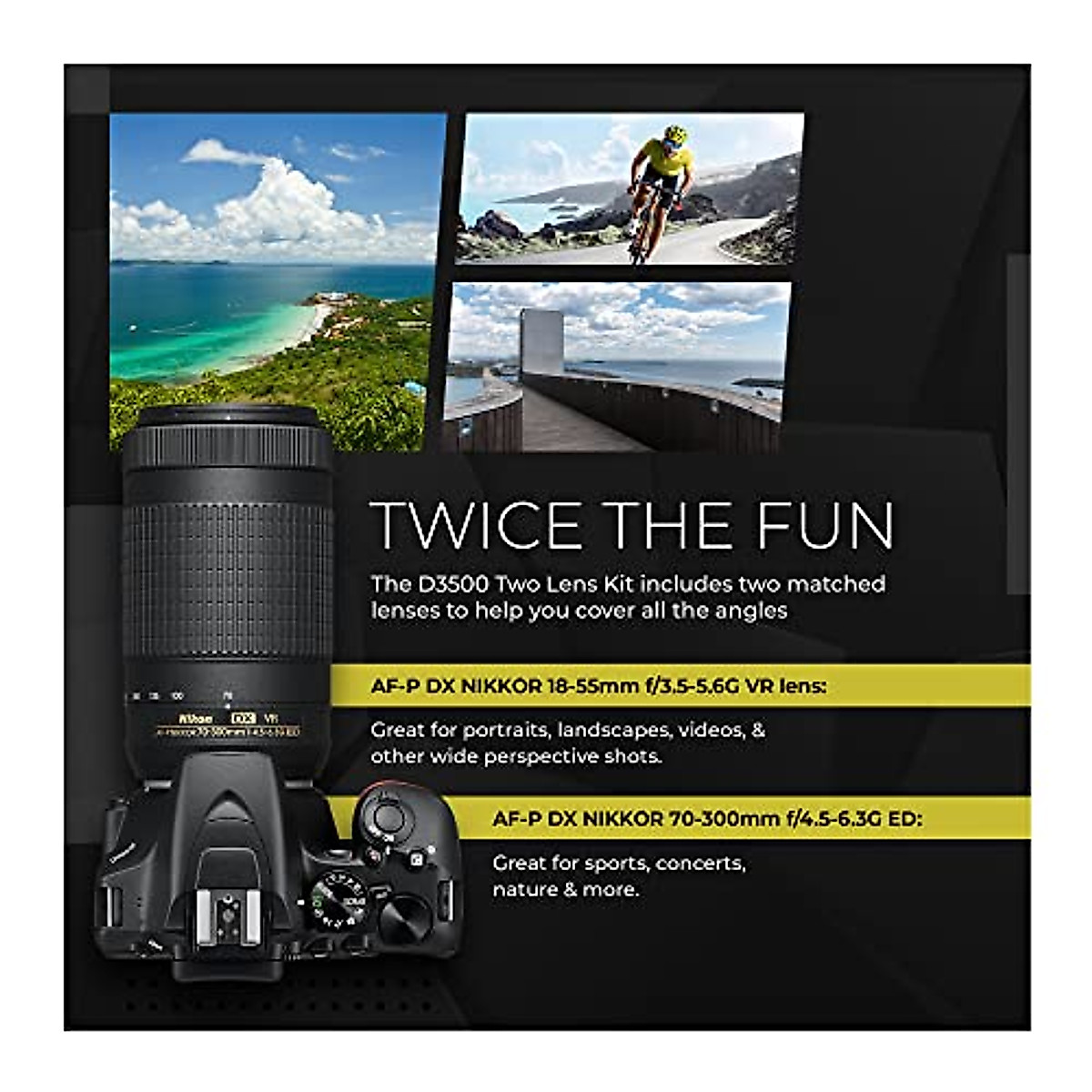 Nikon D3500 DSLR Camera with AF-P 18-55mm and 70-300mm Zoom Lenses Bundle with 64GB Card and Accessories (7 Items)