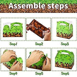 Gatherfun Miner Pixel Style Treat Boxes 24 Pieces Candy Gable Boxes Goodies Boxes Cardboard Present Boxes with Handles for Pixel Birthday Game Party Favors, 6 x 3.5 x 3.5 Inches, 6 Designs