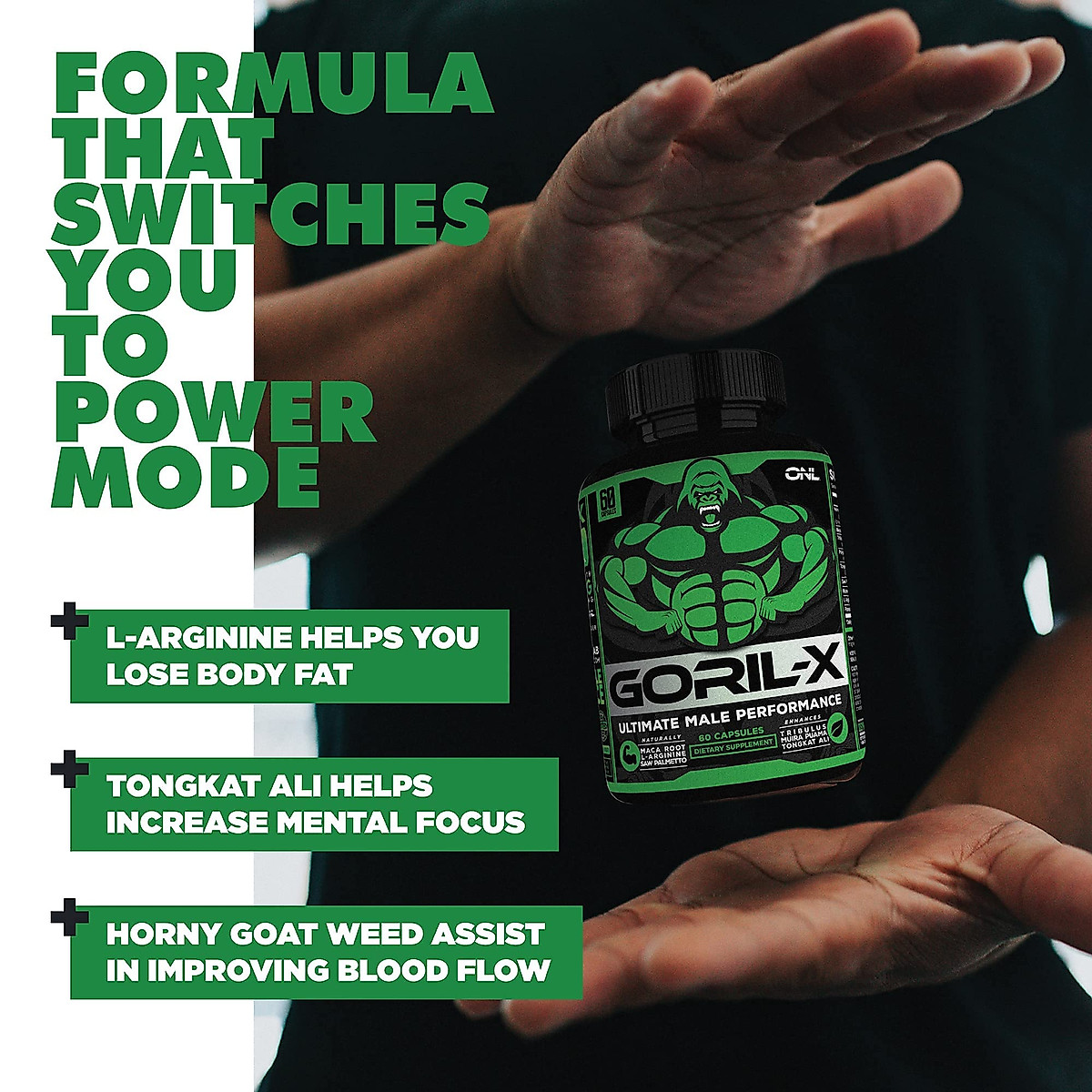 GORIL-X Testosterone Booster for Men - Workout Testosterone Supplement - Increase Size, Strength & Energy - 1000mg Male Enhancing Horny Goat Weed - Maca Root, Tongkat Ali & Tribulus Terrestris 60 Caps