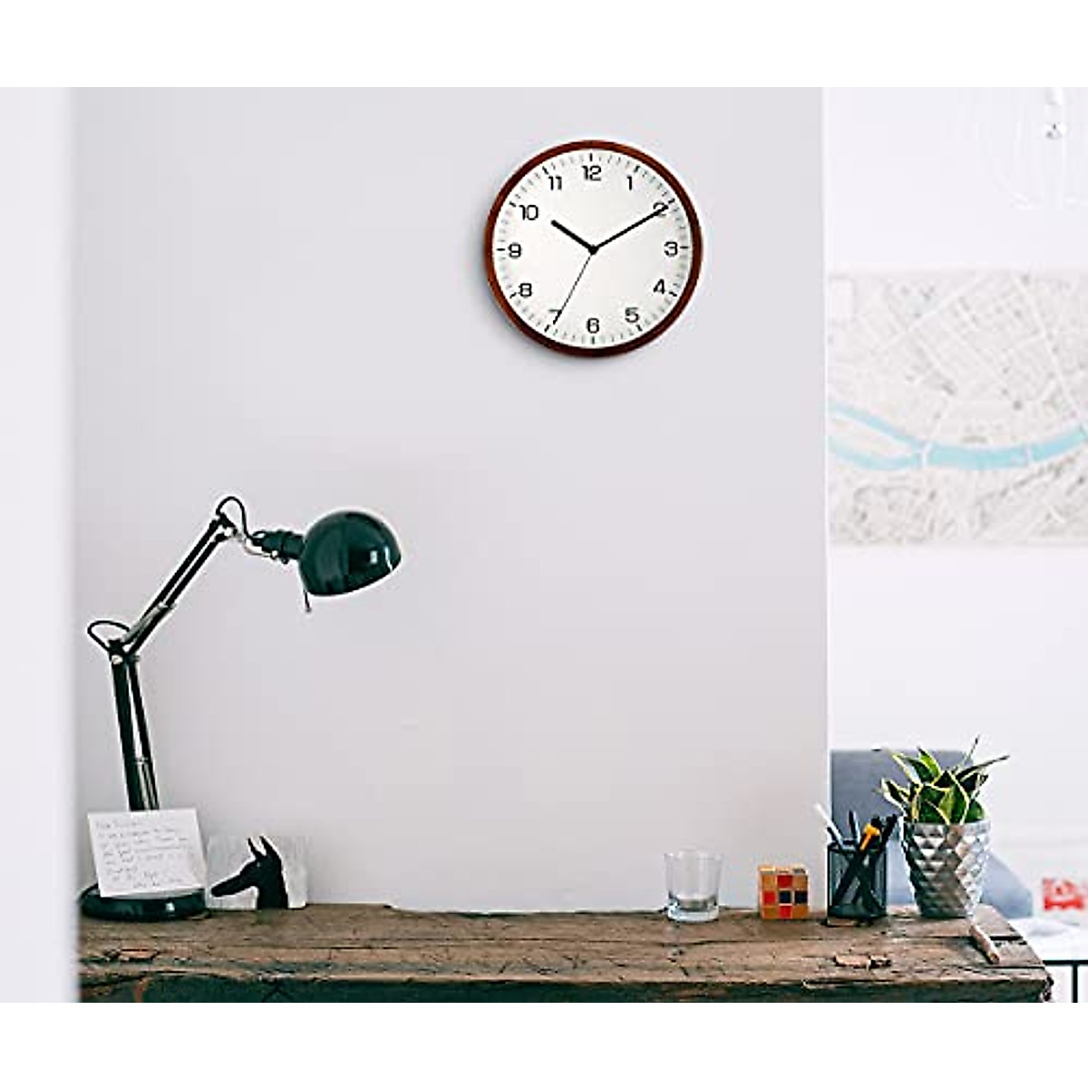 AROMUSTIME 12 Inches Round Wooden Wall Clock Battery Operated Silent Non-Ticking,Metal Pointer&Glass Cover, for Office Kitchen Bedroom Classroom&Living Room, Brown