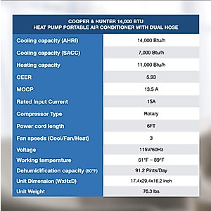 Cooper & Hunter 14,000 BTU 115V Dual Hose Heat Pump Portable Air Conditioner and Heater Including Remote Controller