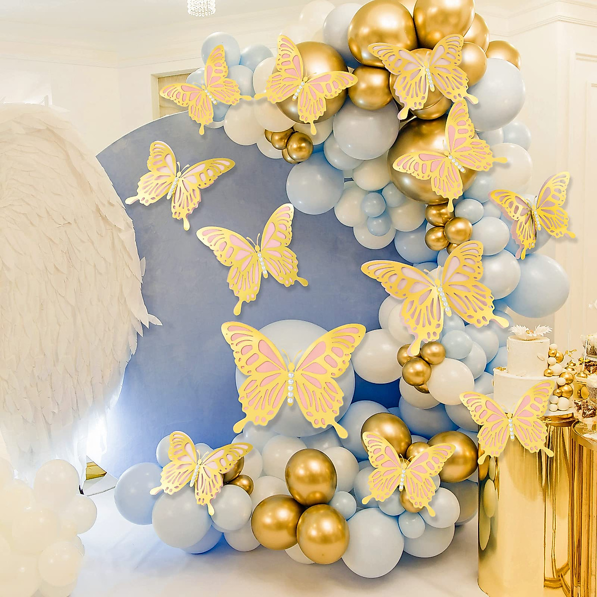 HMASYO 12 Pcs Large Butterfly Party Decoration with Pearls, Gold Pink Big Paper Butterflies in 2 Size, 3D Giant Butterfly Prop Decoration for Birthday Baby Shower Nursery Bedroom Wedding