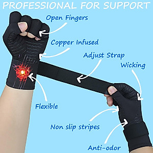 Semikk Copper Arthritis Gloves with Adjustable Wrist Strap for Women Men, Fingerless Compression Gloves for Arthritis, Carpal Tunnel, Pain Relief, Swelling, Rheumatoid, Typing (Large/X-Large)