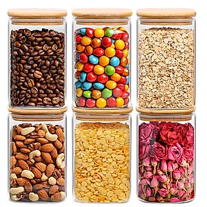 ComSaf 37 oz Glass Storage Containers with Lids, Glass Jars with Lids, Clear Food Jar, Square Canister Set of 6, Pantry Organizers and Storage for Cookie Flour Oat Pasta Tea Coffee Bean