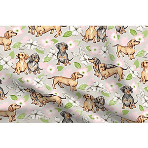 Spoonflower Fabric - Dachshunds Dogwood Blossoms Pink Large Dachshund Dogs Cute Gray Year Printed on Petal Signature Cotton Fabric by The Yard - Sewing Quilting Apparel Crafts Decor