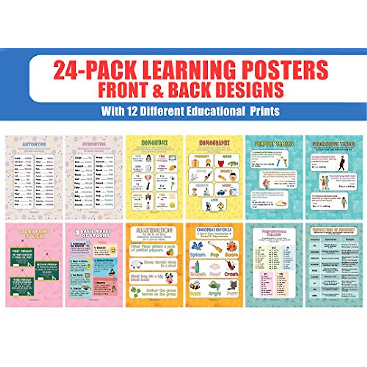 Creanoso English Vocabulary and Grammar Educational Learning Posters (24-Pack) - Premium Quality Gift Ideas for Children, Teens, & Adults for All Occasions - Stocking Stuffers Party Favor & Giveaways
