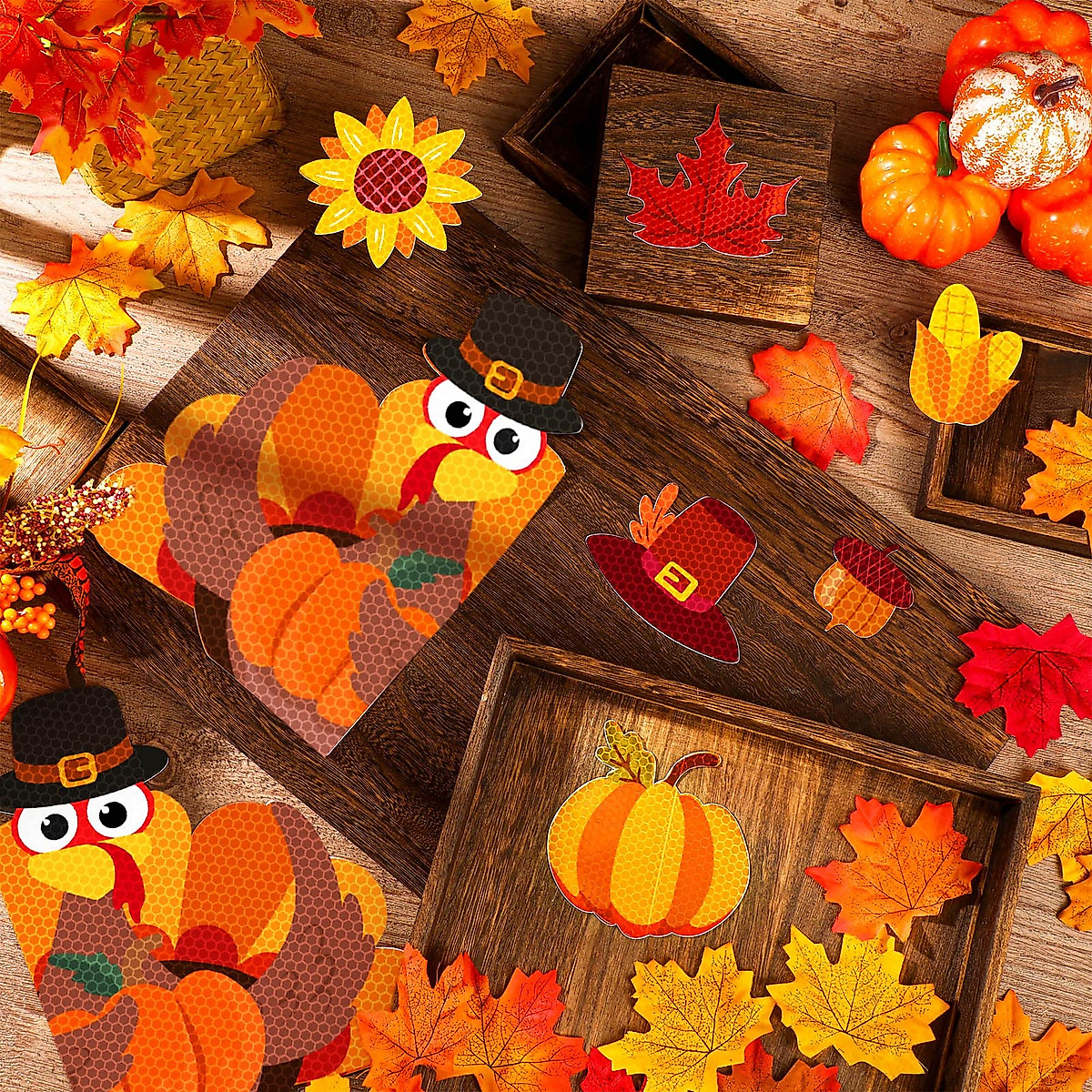 8 Pcs Thanksgiving Magnets Reflective Turkey Decals Autumn Magnets Maple Leaf Pumpkin Car Refrigerator Decorations Fall Magnets Stickers for Car Refrigerator Garage Truck