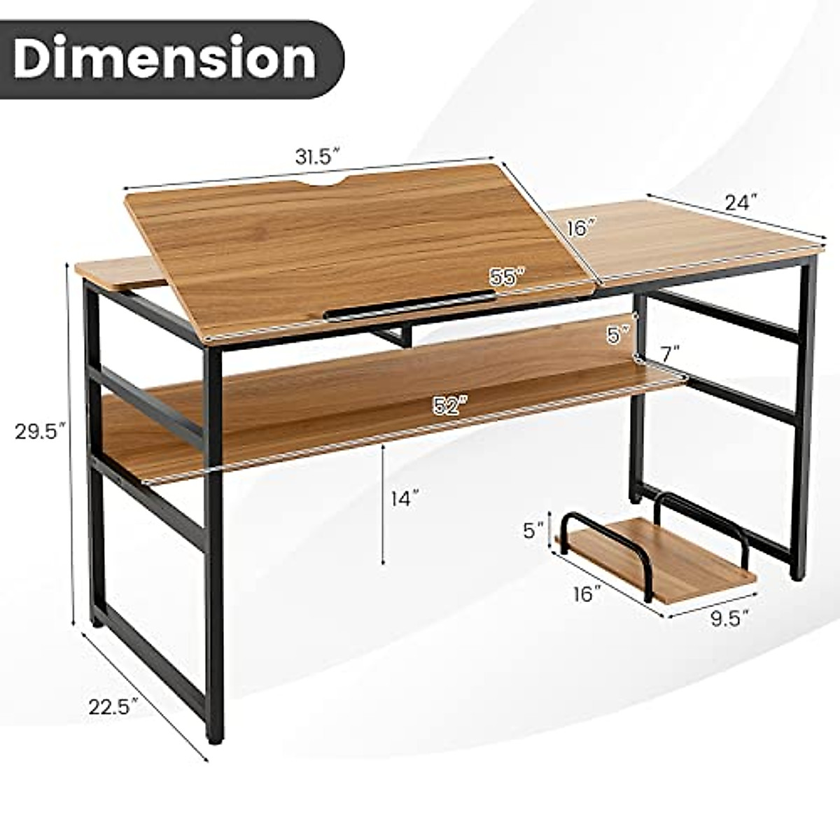 Tangkula 55-Inch Computer Desk, Drafting Table with Tiltable Desktop for Drawing Writing Reading Studying, Multifunctional Art Desk Craft Workstation with CPU Stand & Storage Shelf for Home Office