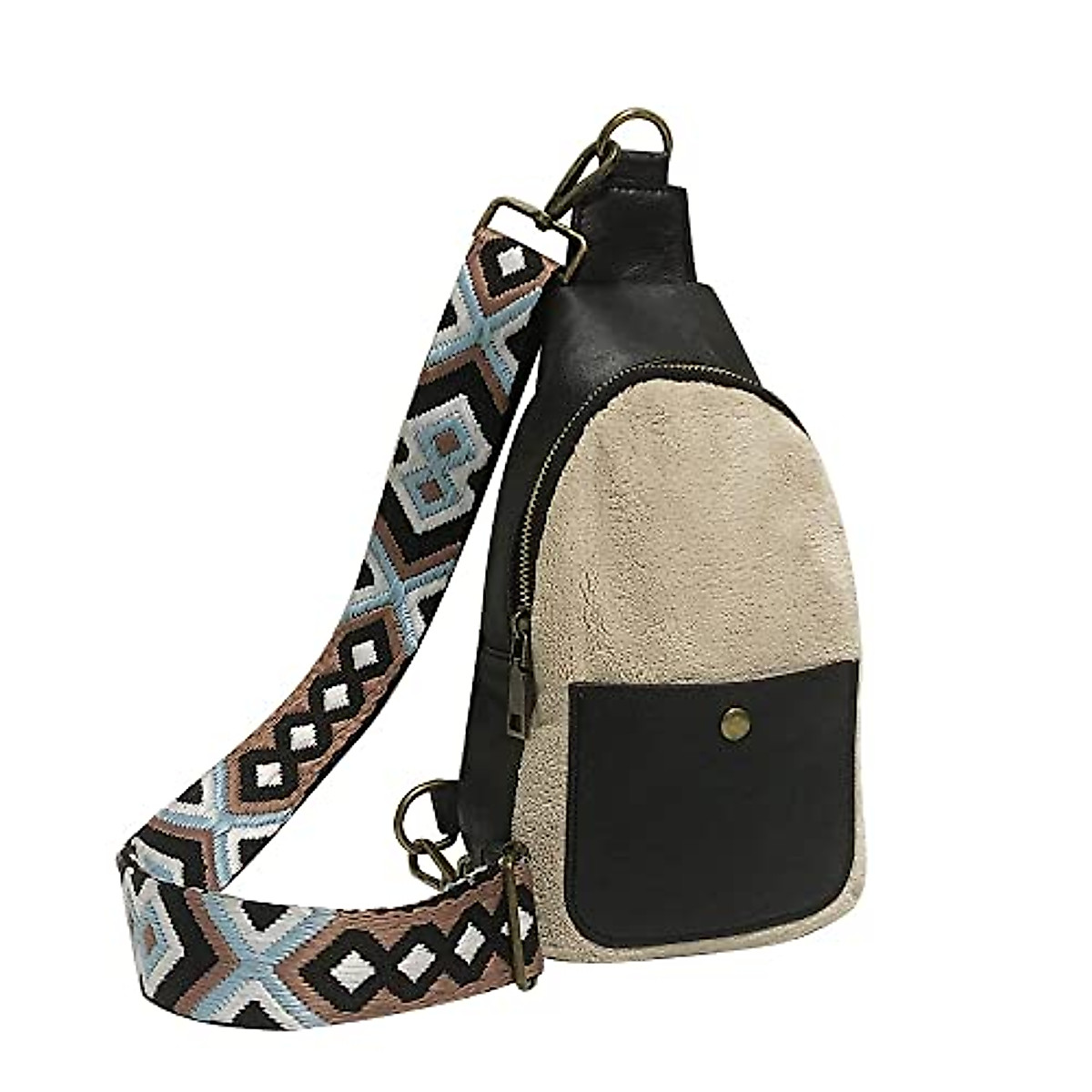 Sling Bag for Women PU Leather Crossbody Plush Splicing Satchel Chest Daypack Shoulder Backpack Cycling Hiking Travel