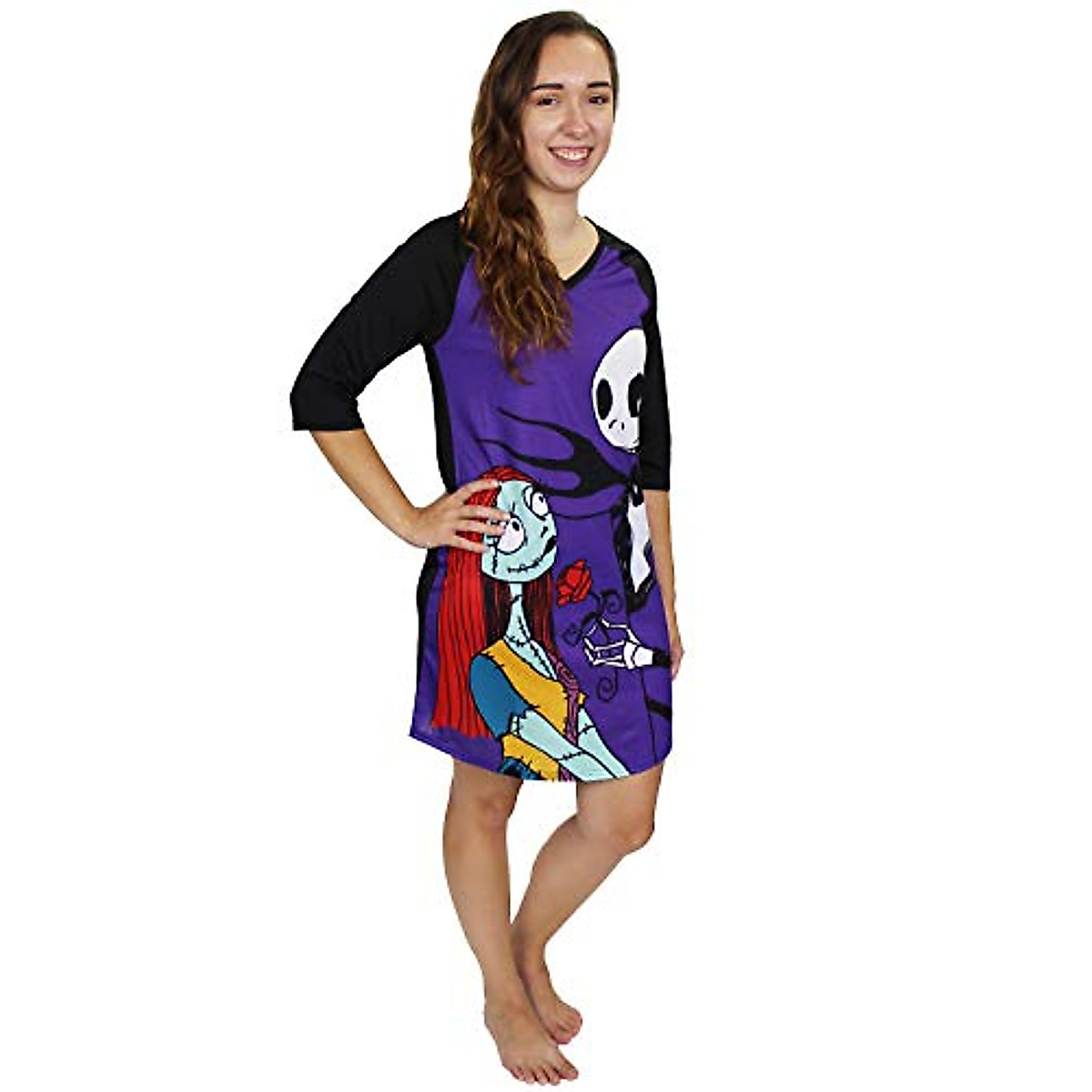 Disney Nightmare Before Christmas Women's 3/4 Sleeve Dorm Nightgown Pajamas (X-Large, Black/Purple)