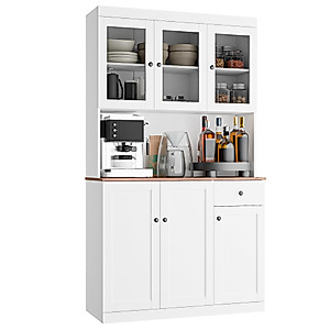 Cozy Castle Tall Kitchen Pantry Cabinet with Microwave Shelf, Modern Large Freestanding Sideboard Cupboard Kitchen Hutch Cabinet with Storage Countertop and Drawer for Dining Room, Living Room, White