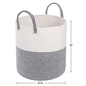 SONGMICS Woven Cotton Rope Basket, Toy Storage Bin with Handles, Blanket Storage for Pillows, Clothes in Living Room, Bedroom, Gray and Beige ULCB440G01