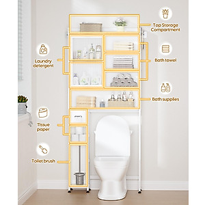 Cozivolife Over The Toilet Storage Cabinet with Acrylic Door Panel and Paper Towel Drawer, Bamboo Toilet Shelf, Organizer Rack Above Toilet for Bathroom (Without Power Strip, White)