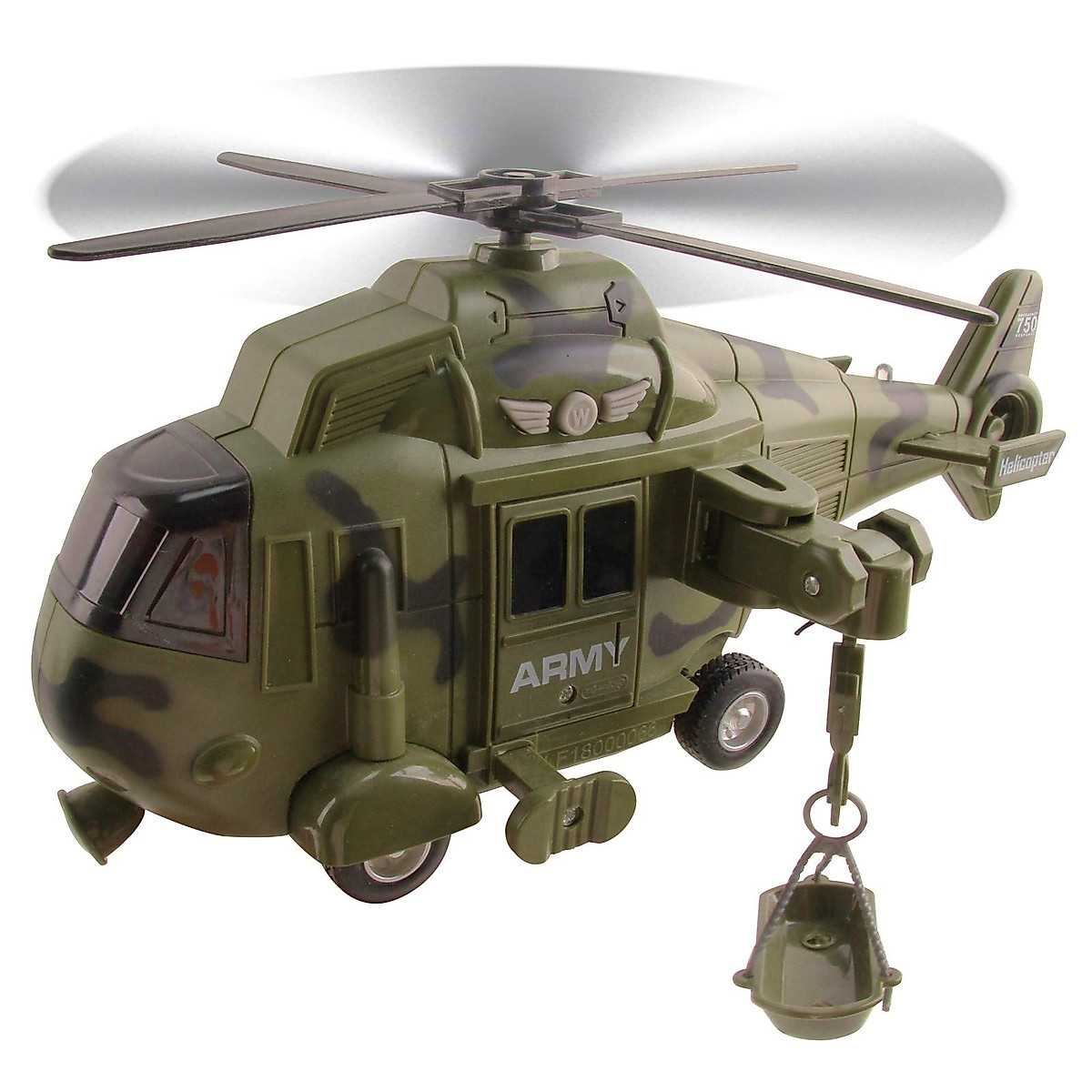 Vokodo Military Helicopter 11" With Lights Sounds Push And Go Includes Rescue Basket Durable Toy Friction Power Kids Army Soldier Chopper Pretend Play Truck Great Gift For Children Boys Girls Toddlers