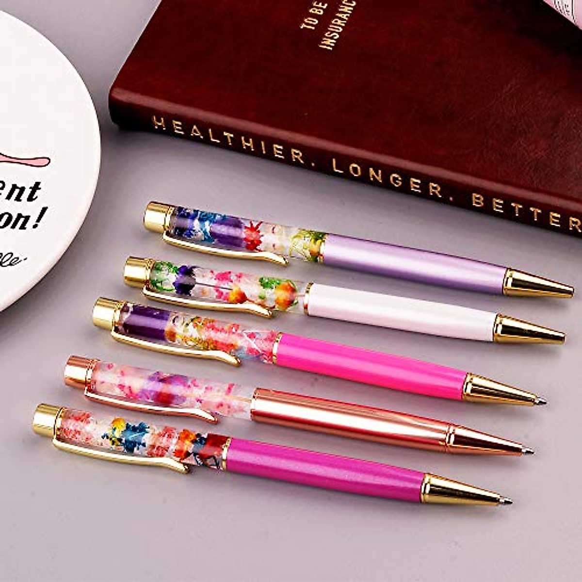 Ubabe Ballpoint Pens, 5 Pieces Rose Gold/White/Rose Red/Dark Purple Metal Ball Pen refillable Refills Black Ink Herbarium Floral Pens for Office Supplies