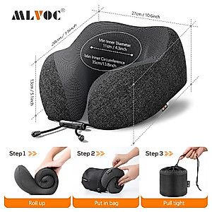 MLVOC Travel Pillow 100% Pure Memory Foam Neck Pillow, Comfortable & Breathable Cover, Machine Washable, Airplane Travel Kit with 3D Contoured Eye Masks, Earplugs, and Luxury Bag, Standard (Black)