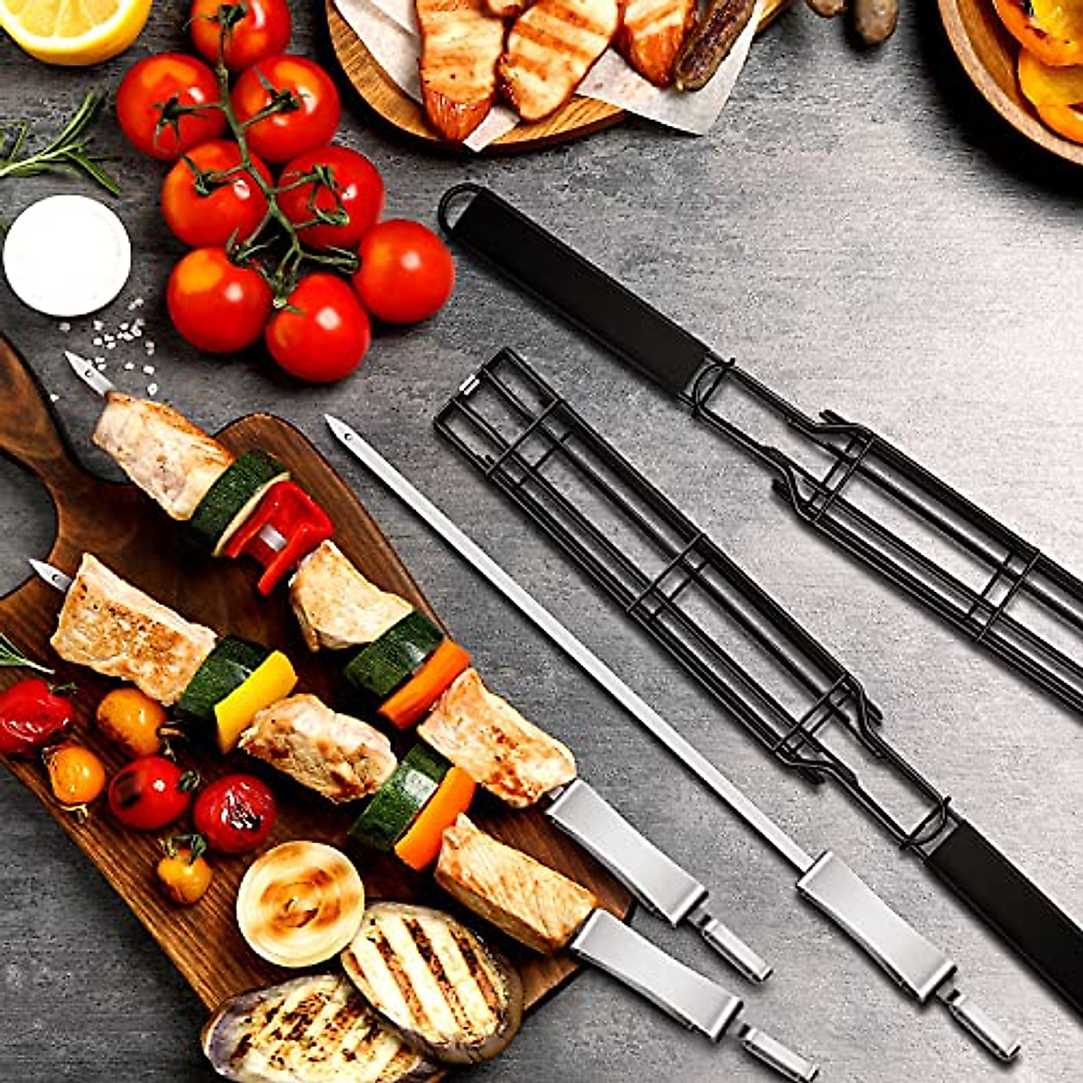 8 Pieces Grilling Basket and 4 Pieces Grilling Skewers Stainless Steel BBQ Grill Accessories Grilling Baskets Metal Barbecue Skewers for Vegetables Shrimps Meats