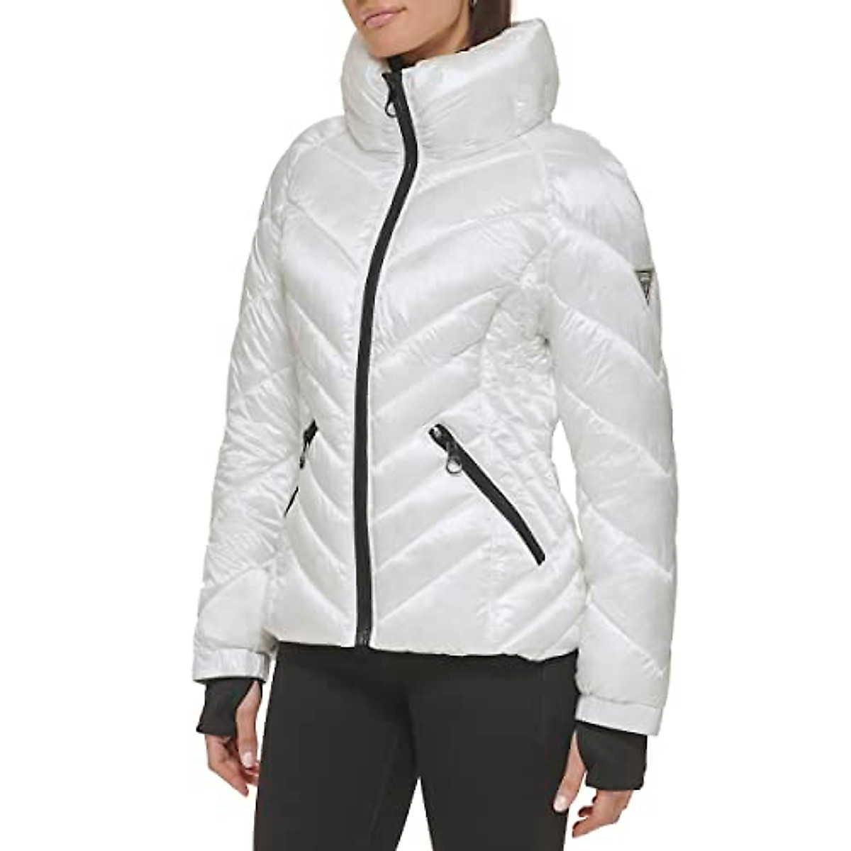 GUESS Women's Puffer Storm Cuffs– Quilted, Transitional Jacket, White