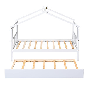 GOWE Twin Size Wooden House Bed with Twin Size Trundle, White