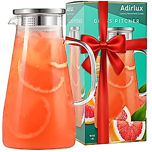 Glass Pitcher with Stainless Steel Lid - 1.8L / 60 oz Glass Jug - Hot & Cold Beverages - Lemonade, Juice, Iced Tea, Milk, Coffee - Heat Resistant Glass - Handle & Spout Carafe - Premium Gift Box
