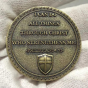 The Task Ahead Christian Challenge Coin Featuring A Fully Armored Warrior and Scripture John 4:4, Bible Verses Pocket Token (Single Coin)