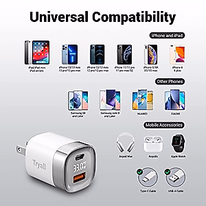 Tryall 30W USB-C Power Adapter - iPhone Charger with Fast Charging Capability, Type C Wall Charger, 33W Samsung Only - White