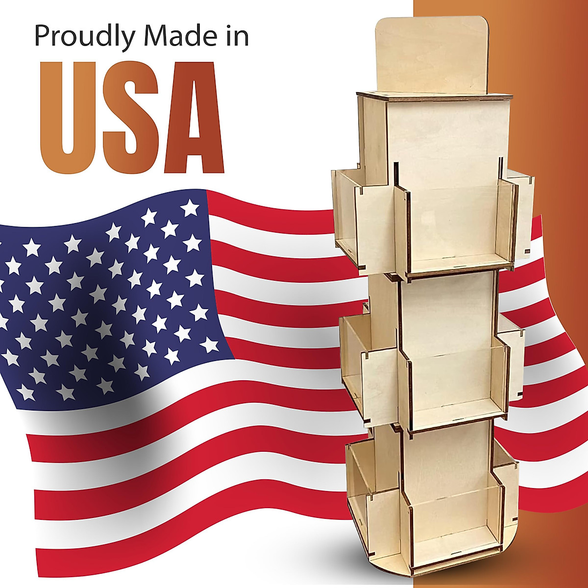 Rotating Greeting Card Display Stand, 3 Tier Wooden Organizer, 4-Sided Display Rack Spinning Multi-Pocket Display for Coasters, Stickers, Retail, Tradeshow - A4, A6, A7, 5"x7", 4 bar (Natural)