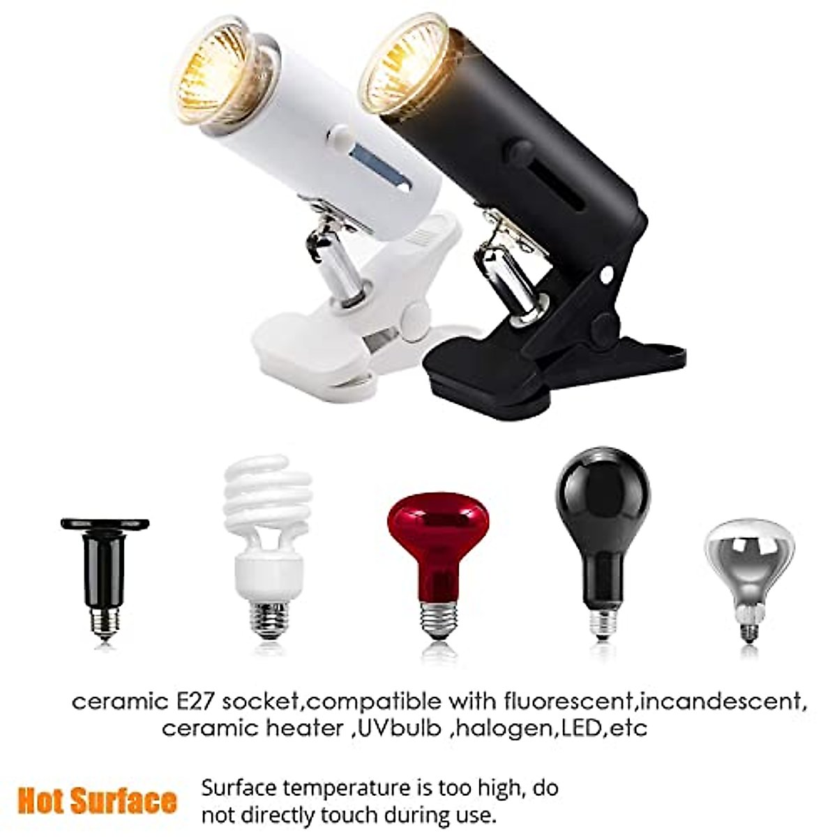 KABASI Reptile Heat Lamp Fixture with 2 Bulbs, UVA + UVB Full Spectrum Sun Lamp with 360°Rotatable Clips and Dimmable Switch, Basking Spot Heating Light Lamp for Lizard Turtle Snake Amphibian, 25W+50W