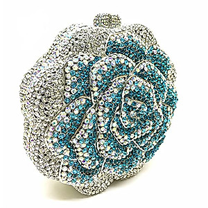 Tngan Women Elegant Rose Flower Evening Clutch Sparkling Crystal Rhinestones Purse Banquet Prom Wedding Handbag, Silver Teal