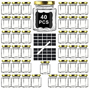 40 Pack Small Glass Honey Jars with Lids for Wedding Favor, Baby Showers, 3 Oz Airtight Glass Canning Jars with Lids, Hexagonal Glass Jars for Spice, Candy, Jam, Waterproof Stickers