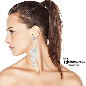 Rosemarie Collections Women's Stunning Bejeweled Crystal Rhinestone Teardrop Fringe Statement Shoulder Duster Earrings, 5.75" (CLIP ON Silver Tone)