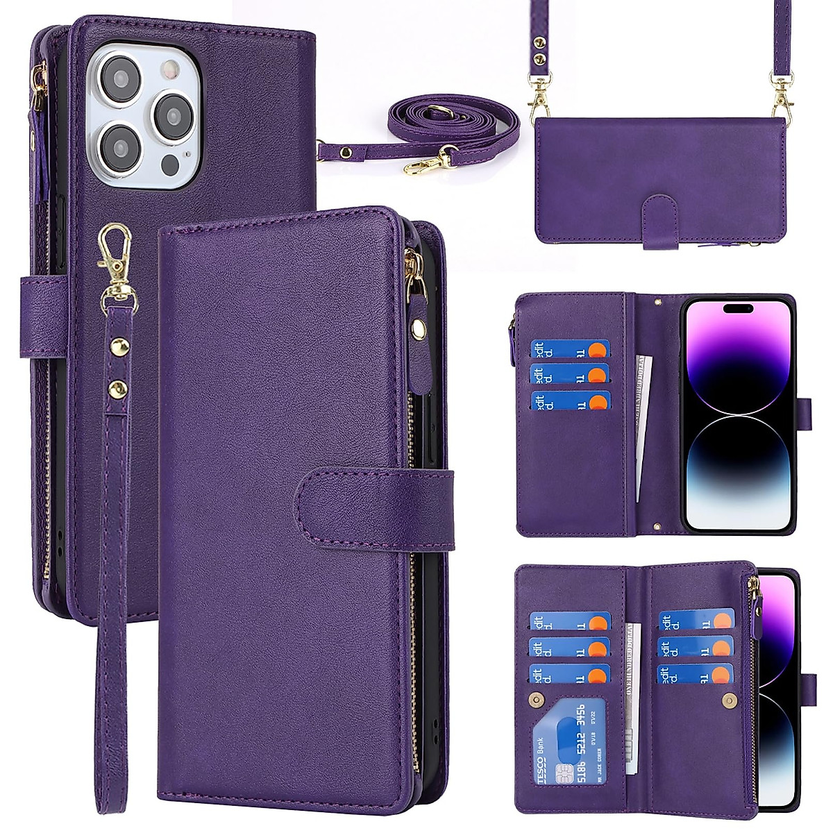 Jaorty Crossbody Case for iPhone 15 Pro Max, Purple with Strap Lanyard, Magnetic Flip Leather Wallet Case for Women, 6.7"