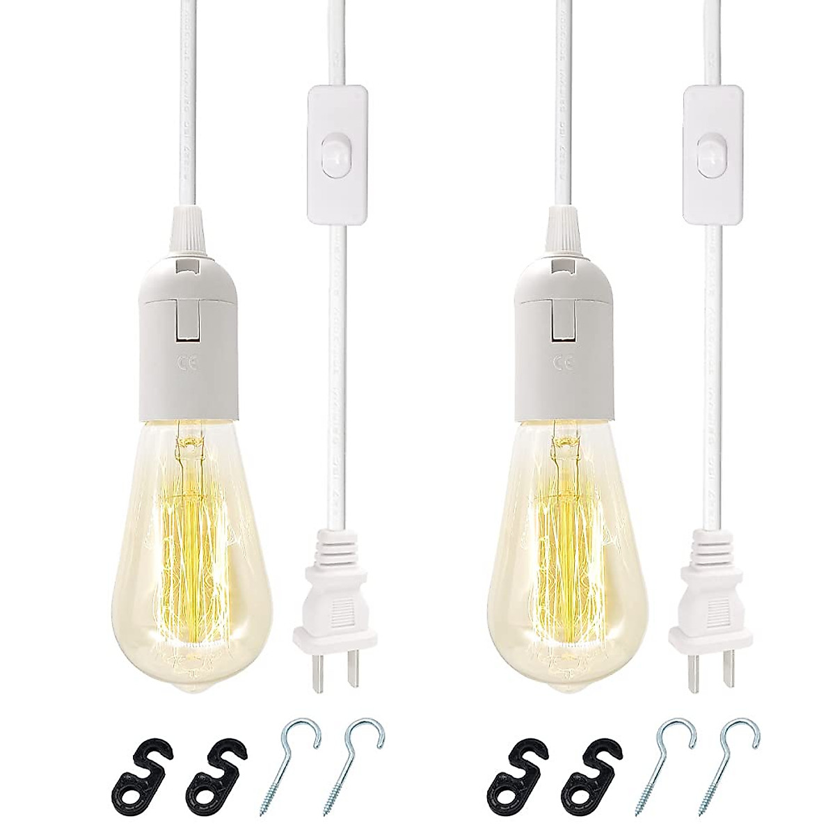 Plug in Hanging Light Kit, Retro Hanging Lights with Plug in Cord, E26 E27 Industrial Pendant Light Fixture, 9.8 FT Cord with On/Off Switch Hanging Lamp for Living Room Bedroom 2 Pack (White)