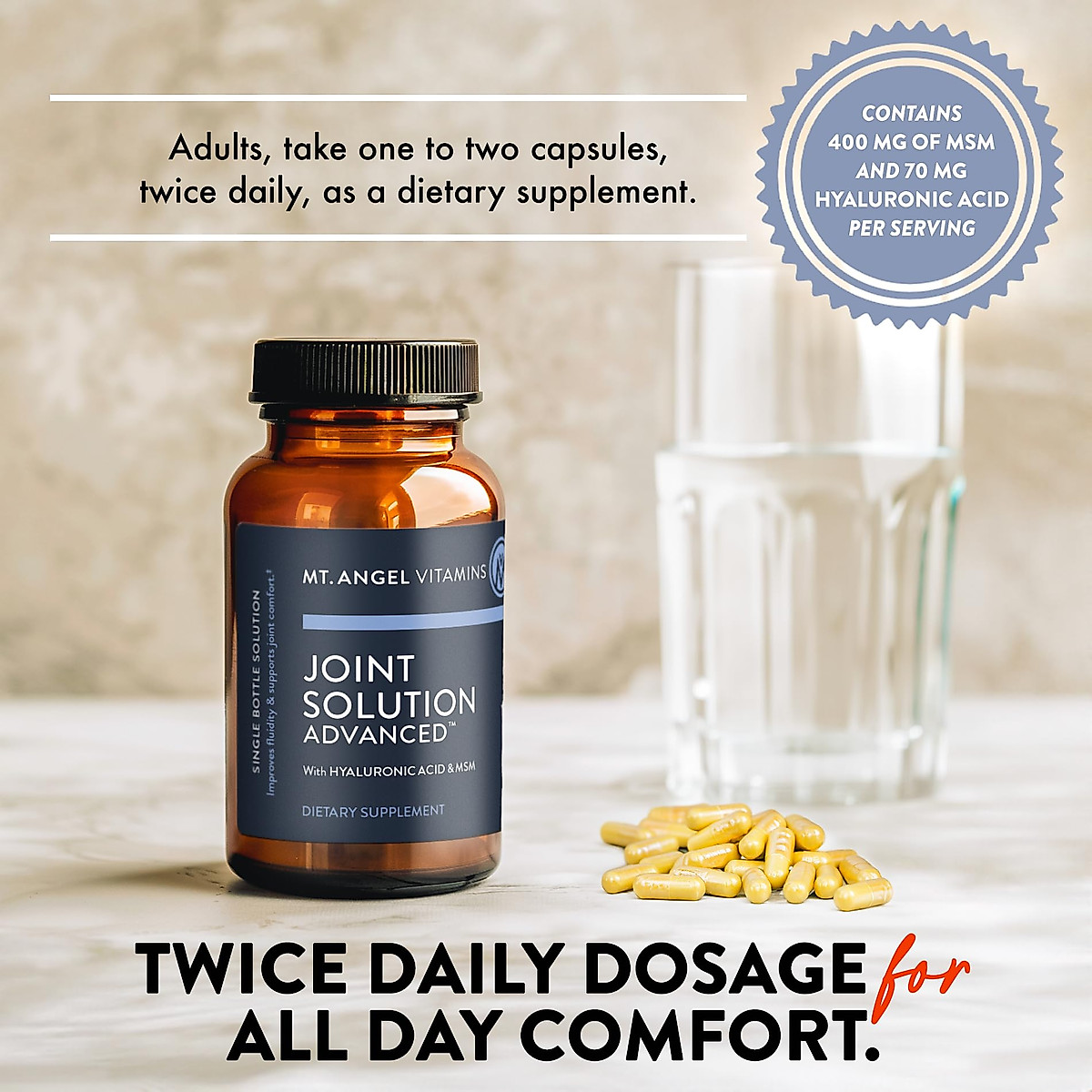 Mt. Angel Vitamins - Joint Solution Advanced, with Curcumin C3 Complex, Glucosamine, Hyaluronic Acid, Bromelain, Collagen Type 2 & MSM, Improves Fluidity & Supports Joint Comfort (60 Capsules)