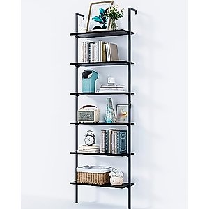 ODK 6-Tier Ladder Shelf, 87 Inches Wall Mounted Ladder Bookshelf with Metal Frame, Open Industrial Shelves for Home Office, Bedroom and Living Room, Black