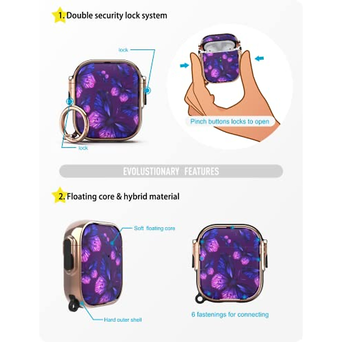 GuarzFun case for AirPods 1st & 2nd Case, Secure Lock Airpod case with Lock lid Keychain Clip, Full Body Hybrid Material Protective Cover for Men Women (Purple Butterfly)