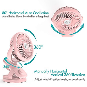 COMLIFE F170 Clip On Fan - Auto Oscillation Personal Fan - 5000 mAh Battery Operated Fan, USB Desk Fan Stepless Speeds Control, Powerful Airflow for Hurricane, Camping, Office, Car(Pink)