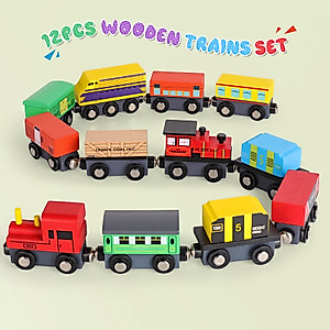 DeXop Toy Train Sets 12 PCS with Box Wooden Train Toys Magnetic Sets for Kids Toddler Gift for Christmas and Birthday for Boys and Girls