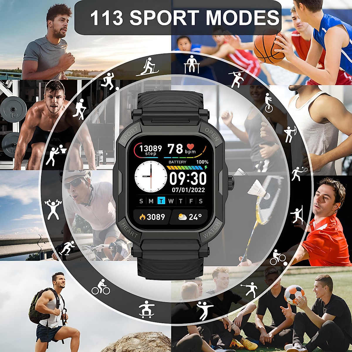 1.91'' Military Smart Watch for Men Phone Call (Dial/Receive) Smartwatch, Fitness Tracker, Compatible for Android iOS Phones, 113 Sport Modes Activity Health Monitor Notification/Reminder