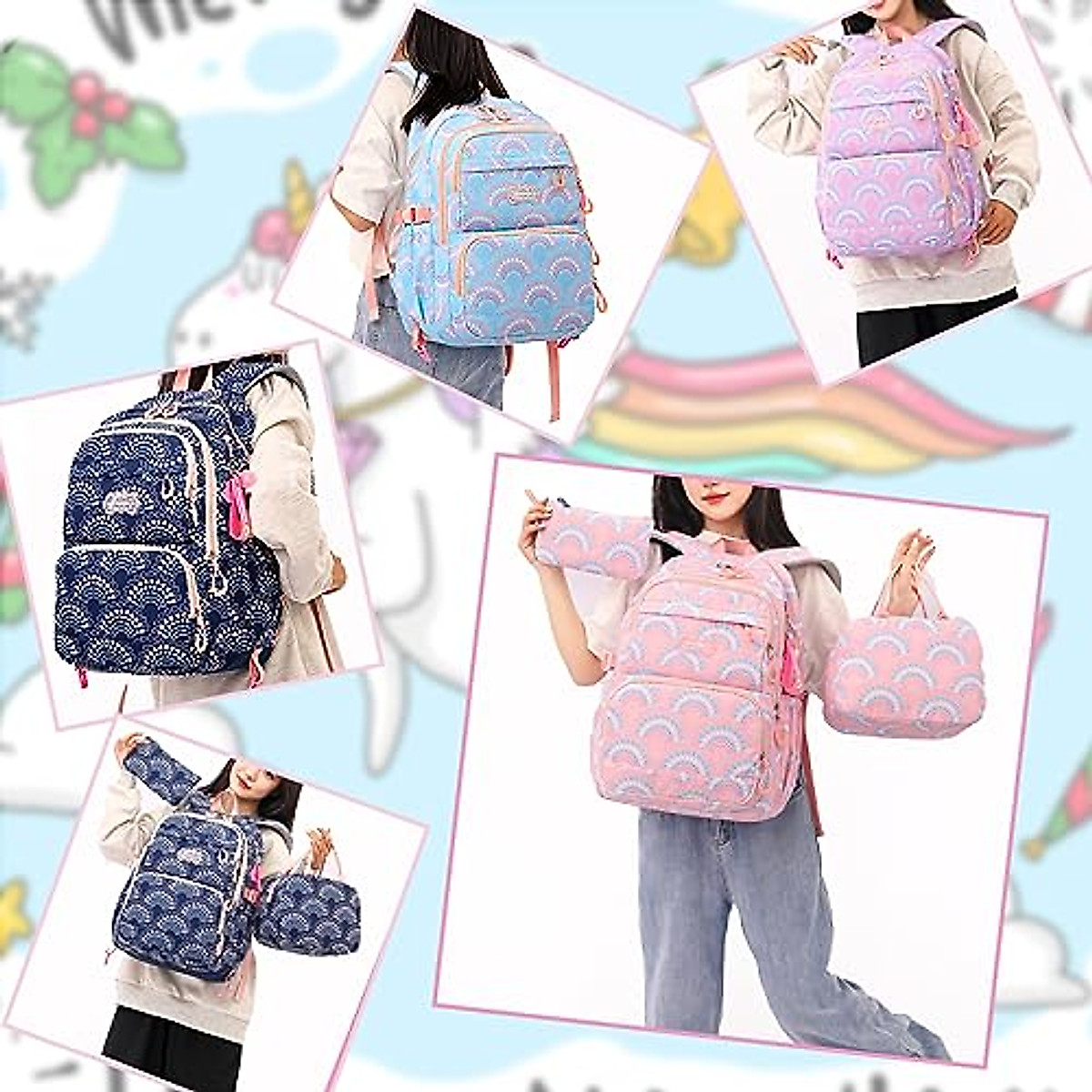 Dorlubel Girls Princess Backpack Elementary School, Heart Shape Print Backpack for girls Cute Kids Kindergarten Preschool Bookbag With Lunch Bag and Pencil Case (Dark Blue Heart Shape)