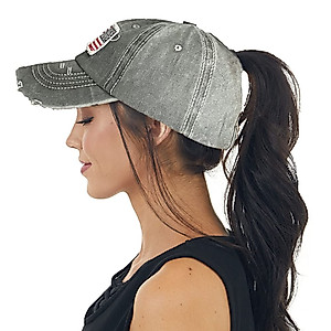 Distressed Ponytail Hat for Women American-Flag Pony Tail Caps High Bun Grey