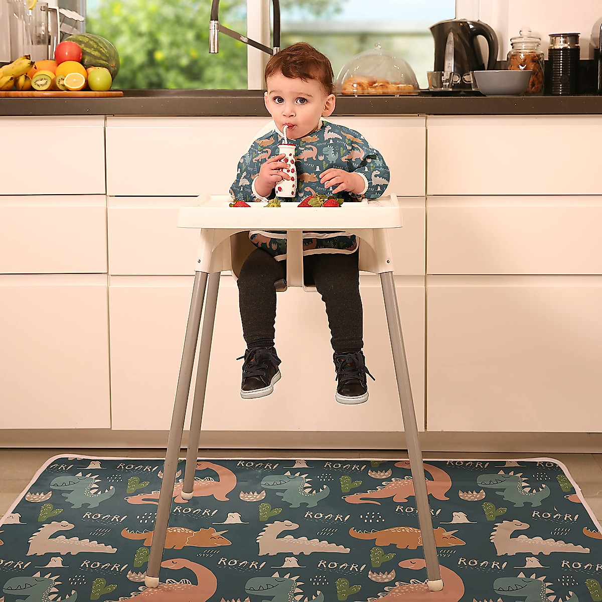 Baby Splat Mat for Under High Chair Floor Mat - Splash Mat, Waterproof Floor Mat - Anti Slip, Washable, Extra Large (51 Inch) + Baby Bib with Sleeves - Dinosaur