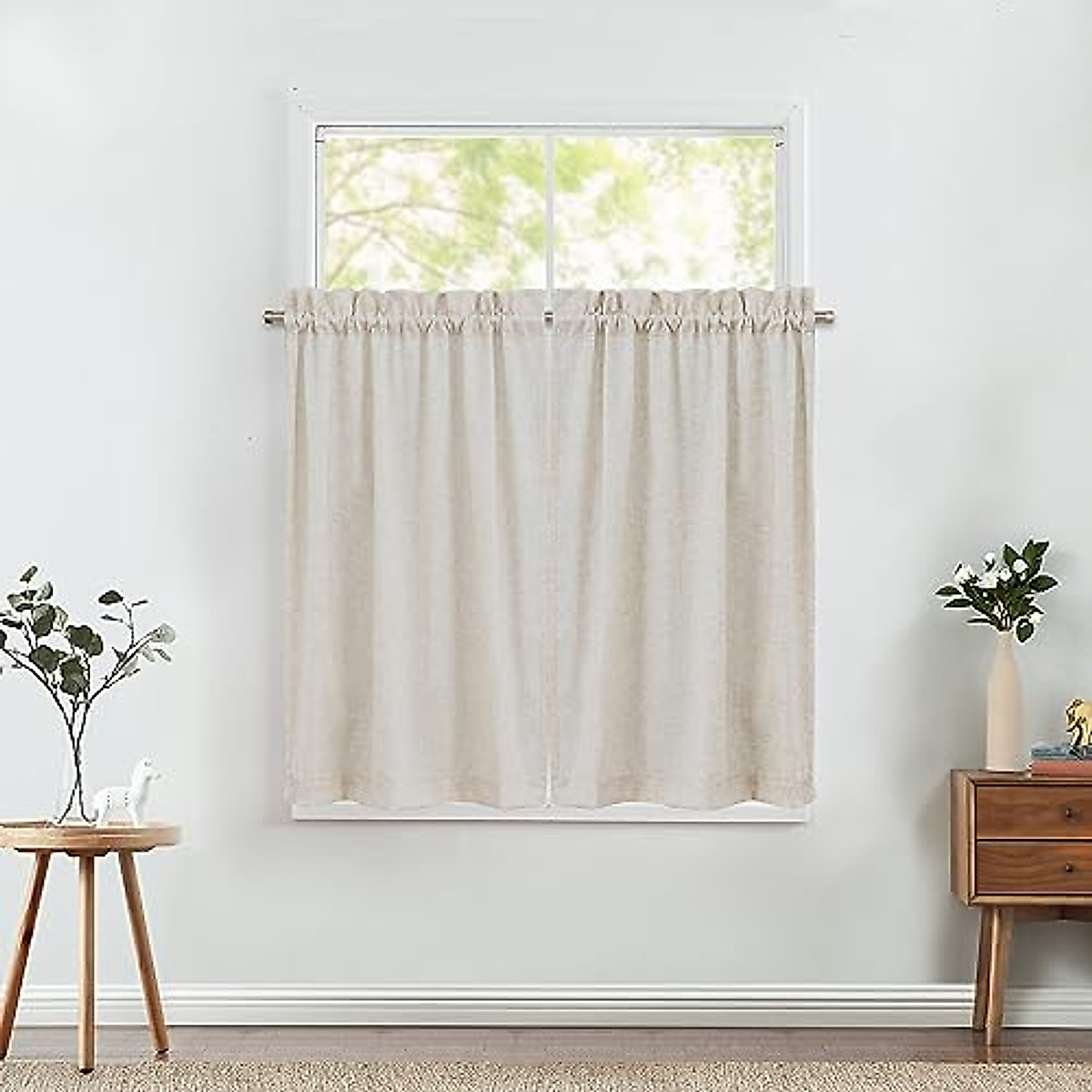 jinchan Beige Kitchen Curtains Linen Tier Curtains 45 Inches Farmhouse Cafe Curtains Light Filtering Flax Country Rustic Bathroom RV 2 Panels Crude